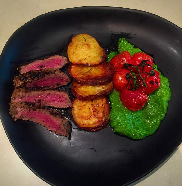 Pepper-Crusted Beef Fillet with Pea Purée – Young and Hungry